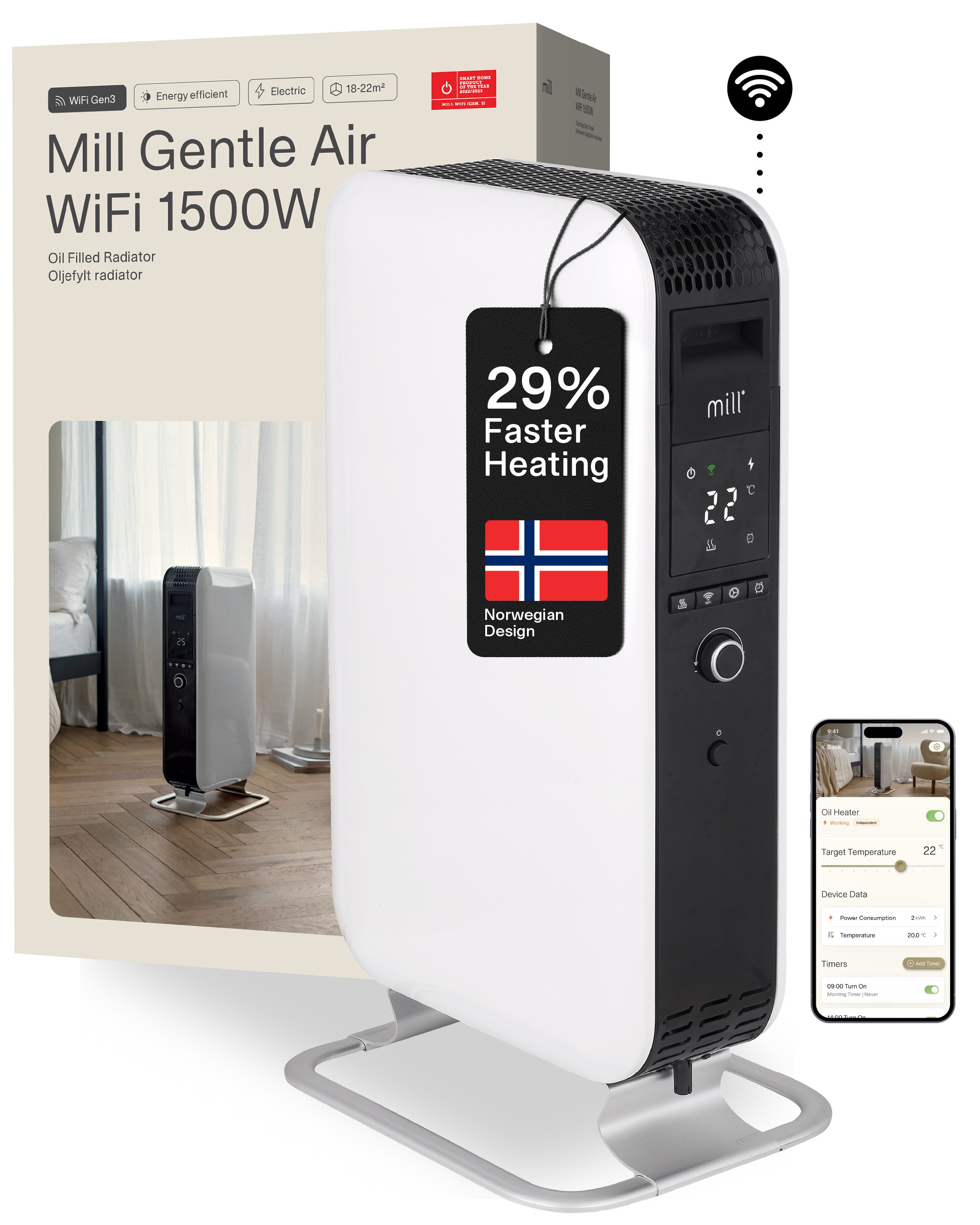 Mill Gentle Air WiFi Oil filled radiator 1500W - white